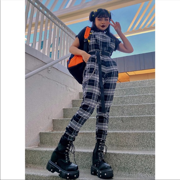 Hot Topic | Pants & Jumpsuits | Hot Topic Black White Plaid Overalls ...